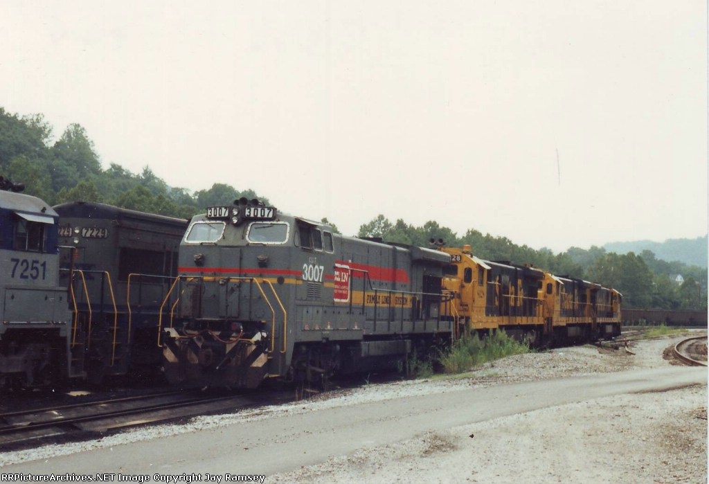 CSX 3007 and three ATSF units waiting assignment